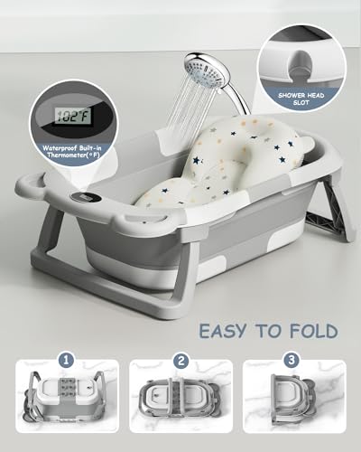 ieBabay Foldable Baby Bathtub Collapsible Bath tub for Newborn to Toddler with Soft Bath Cusion,Portable Travel Bathtub with Drain Hole,Easy to Store(Grey)