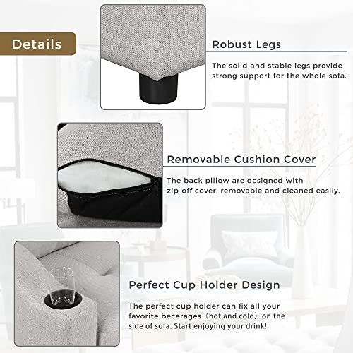 UBGO Modular, L-Shaped Living Room Furniture Sets,Pull Modern Padded Upholstered Sofa Bed, Linen Fabric 3 Seater Storage Chaise and Cup Holder, Couch for Small Spaces,Gray