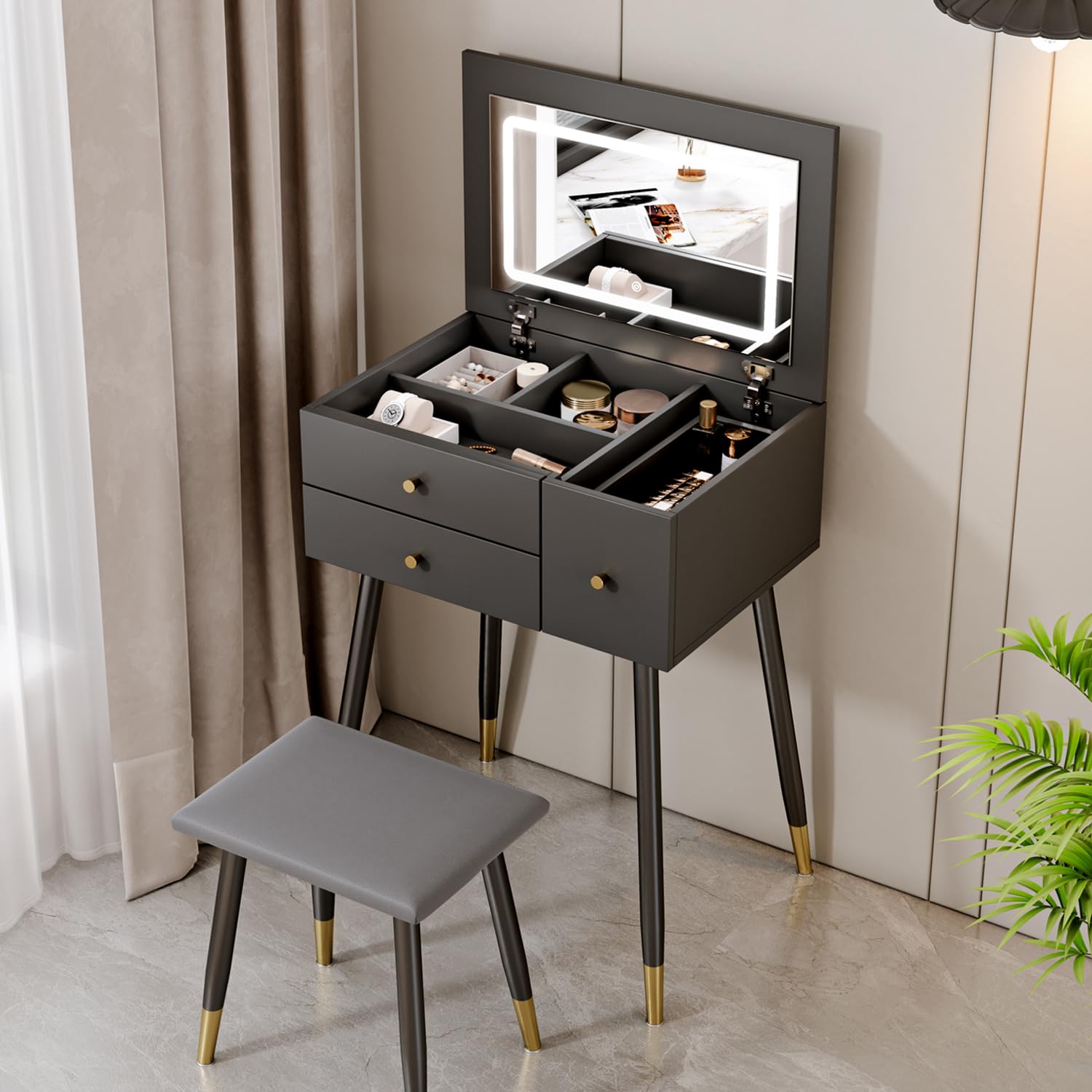 Ieejdn Black Vanity Set with 3 Color Touch Screen Dimming Mirror Flip Top and Cushioned Stool, Makeup Dressing Table Writing Desk 2 Drawers & Removable Organizers, Bedroom for Women, 15.7D*23.6W*54H