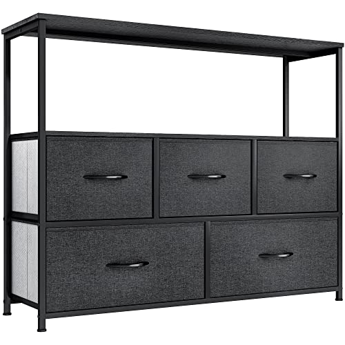 YITAHOME 5-Drawer Fabric Dresser with Shelves, Furniture Storage Tower Cabinet, Organizer for Bedroom, Living Room, Hallway, Closet, Sturdy Steel Frame, Wooden Top, Easy Pull Fabric Bins(Dark Grey)