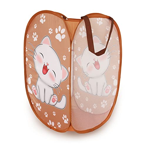 WEI LONG Mesh Popup Hamper-Foldable Lightweight Basket for Washing-Durable Clothing Storage for Kids Room,Students College Dorm,Home,Travel & Camping-Pop-up Clothes Hamper (Khaki Cat Paw)
