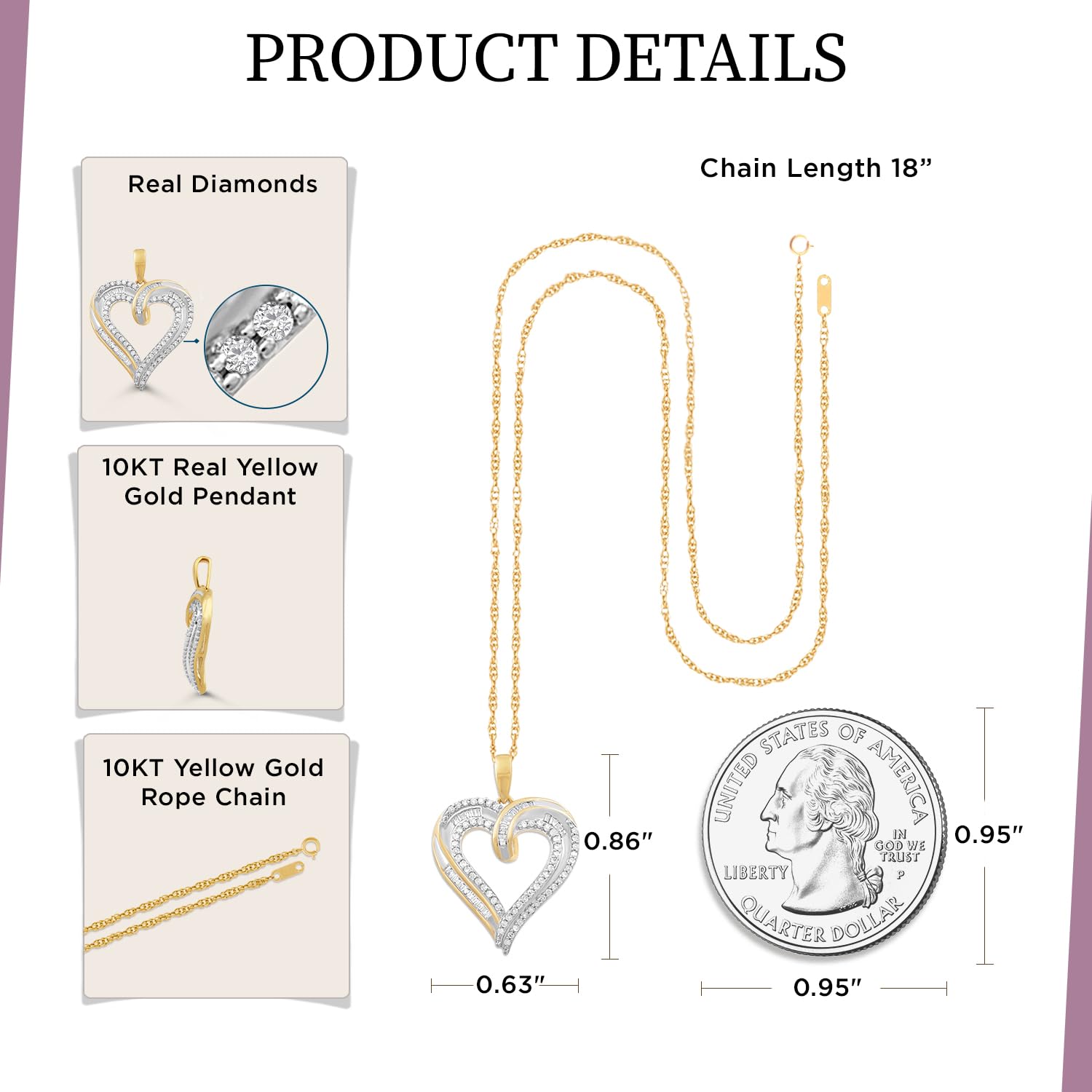 Jewelili 10k Yellow Gold Heart Shape Pendant Necklace with Natural White Round and Baguette Diamonds, 1/4 cttw, 18" Rope Chain