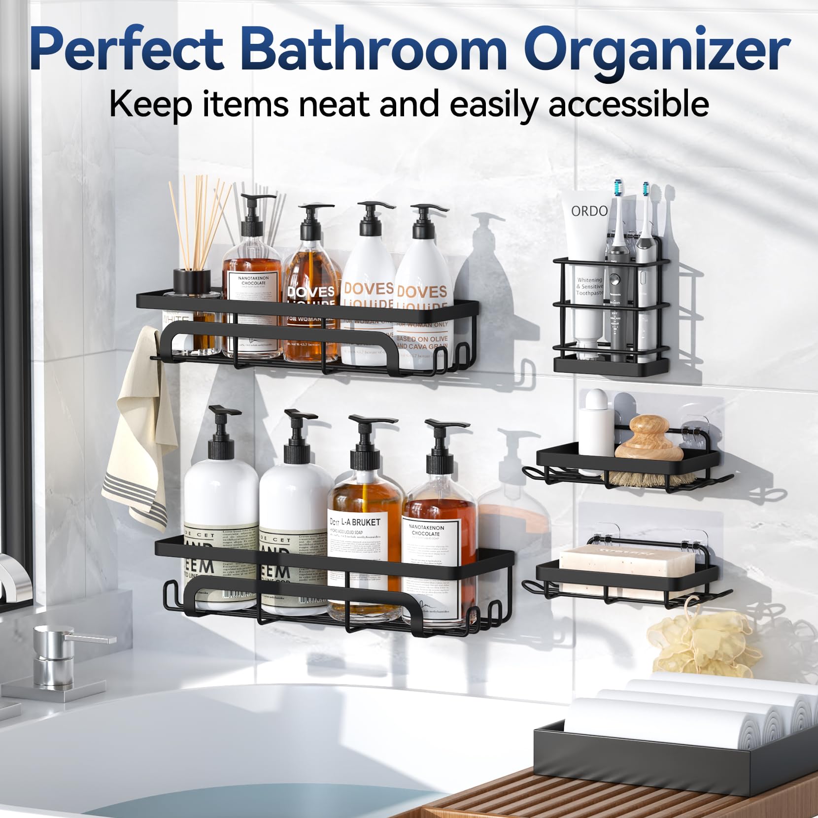 YASONIC Adhesive Shower Caddy, 5 Pack Shower Organizer with Soap Holder - No Drilling, Rustproof Shower Shelves, Shower Organizers and Storage for Inside Shower, Black
