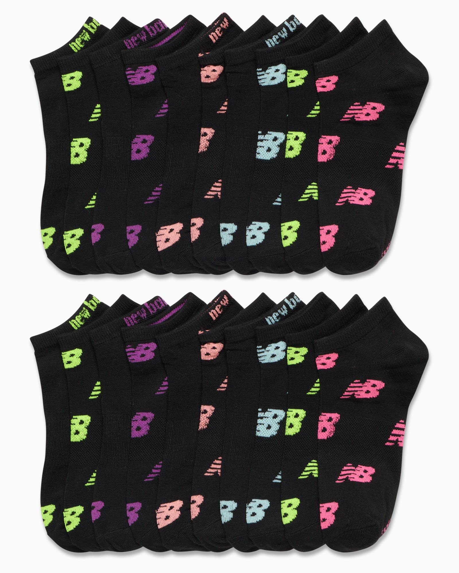 New Balance Women’s Athletic Socks – Lightweight Low Cut Ankle Socks (10, 20 Pack), Size 4-10, Black Logo (20 Pack)