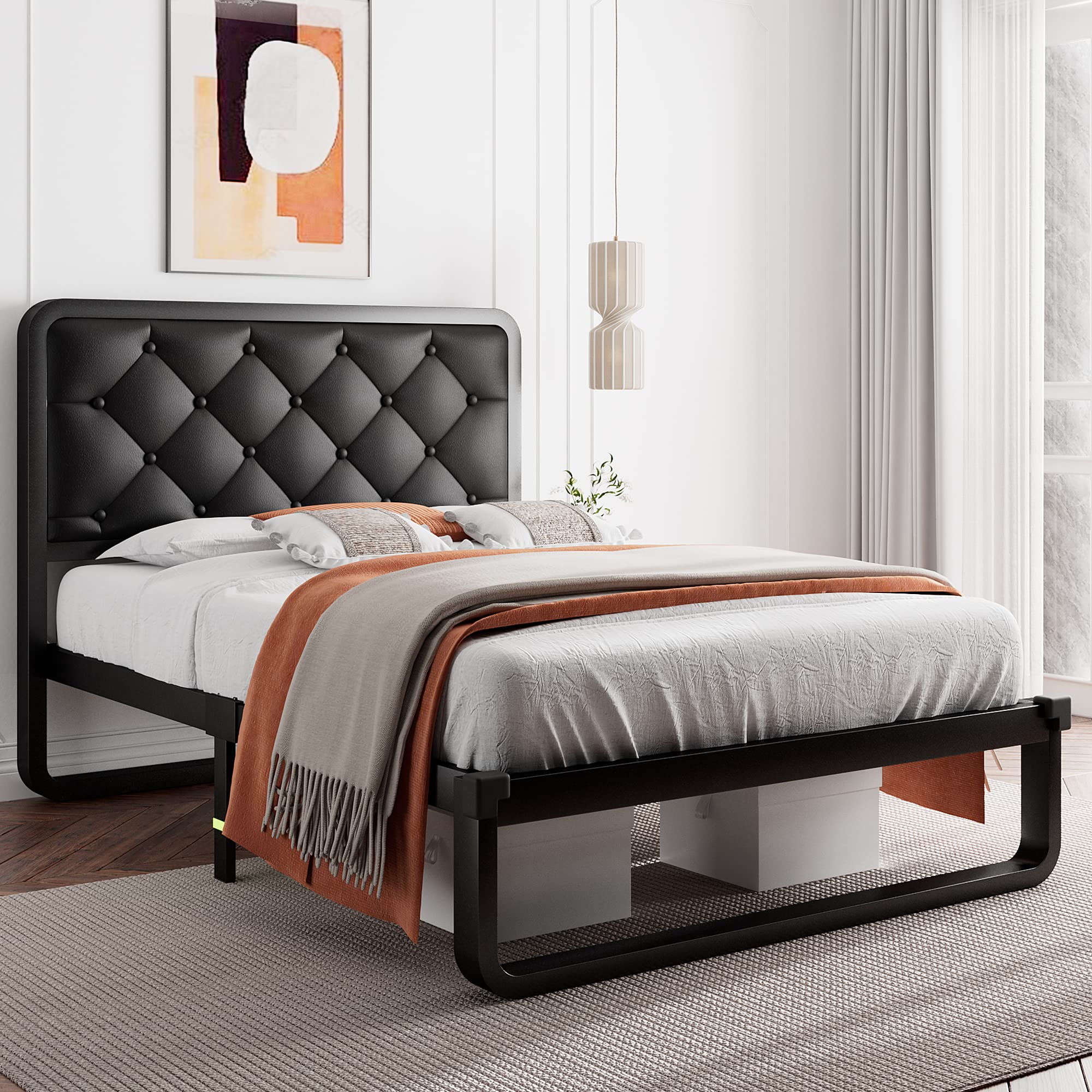 iPormis Queen Size Metal Bed Frame with Velvet Button Tufted Headboard, Curved Platform Bed Frame, Thicker Metal Steel Slats Support, 12'' Under-Bed Space, Noise-Free, Easy Assembly, Gold & Grey