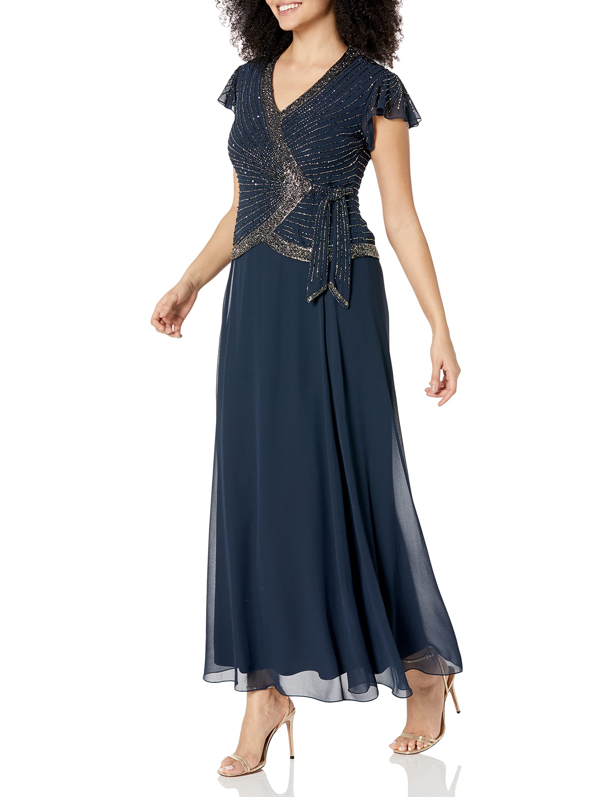 J Kara Women's Short Flutter Sleeve V-Neck Long Beaded Gown, Navy/Shaded/Mercury, 8