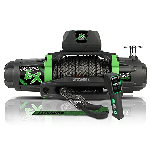 STEGODON Winch 13500 lb. Electric Winch Synthetic Rope Winch，12V Power Waterproof Winch with 2 in 1 Wireless Remote for Towing Jeep Truck Off Road (Jungle EX)
