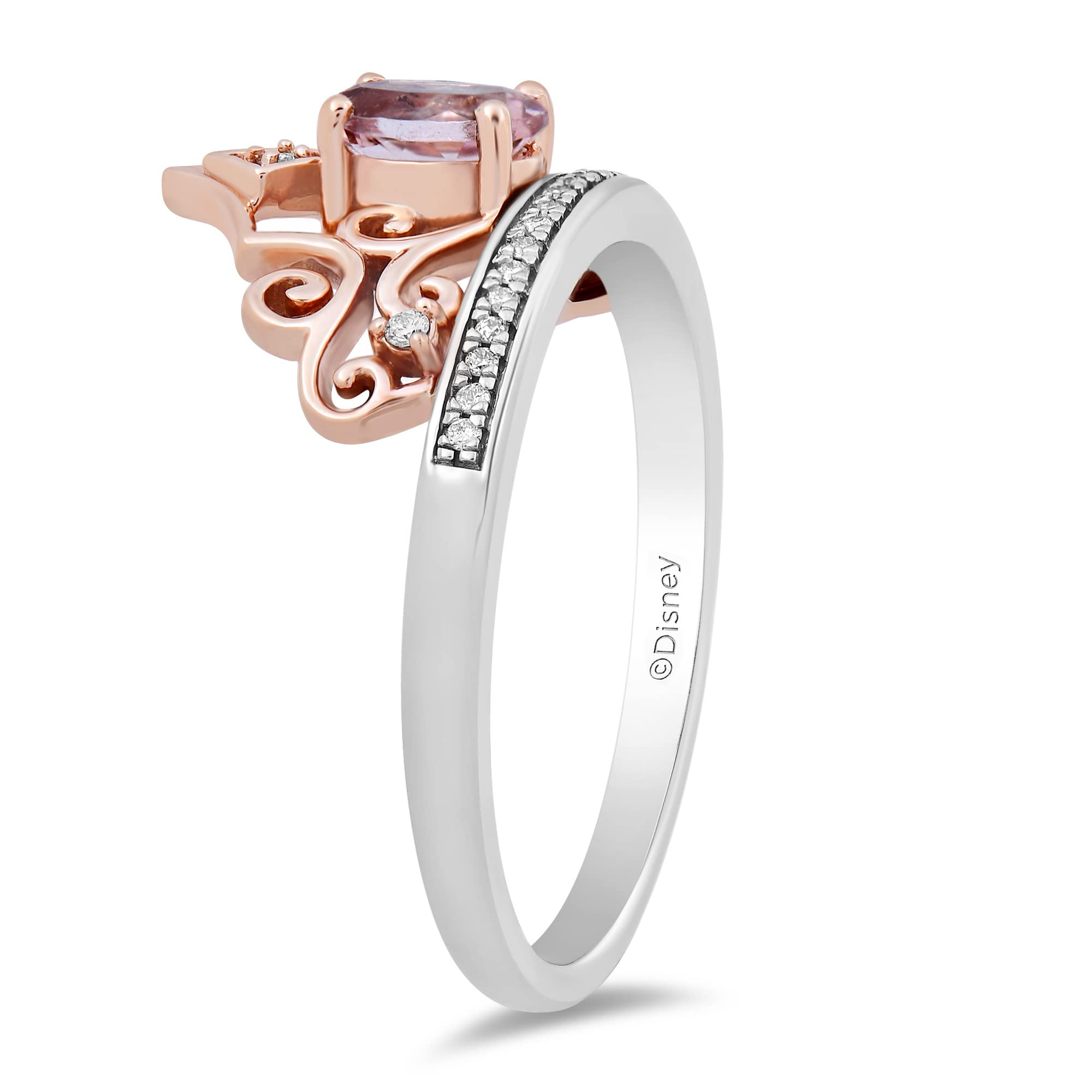 Jewelili Enchanted Disney Fine Jewelry Sterling Silver and 10K Rose Gold 1/10 CTTW Aurora Tiara Ring, size 6