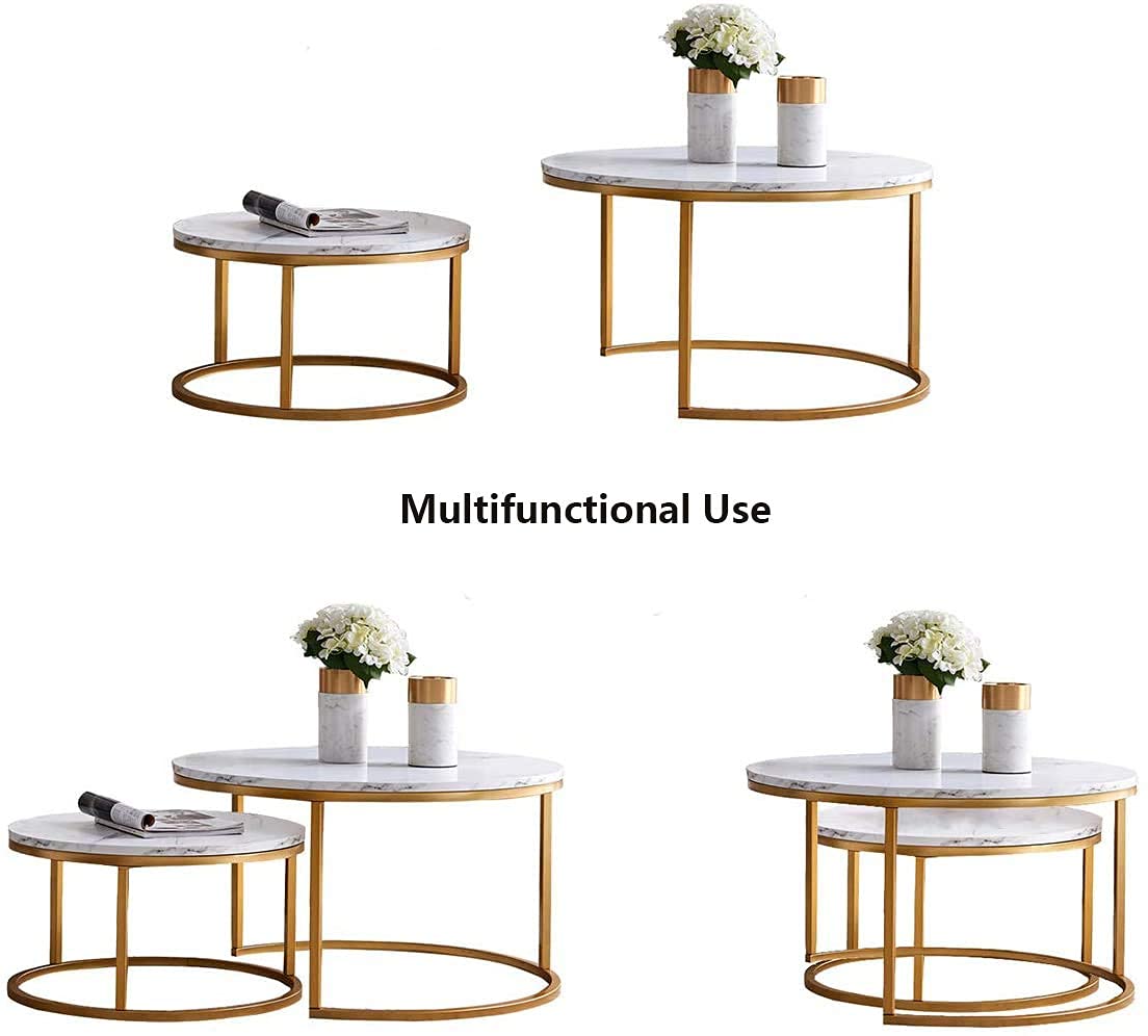 Modern Nesting Coffee Table, Marble Look Sofa Side Nest of Tables Round End Tables, Set of 2, Golden Color Frame with Wood Top- 32β& 24β Table Set