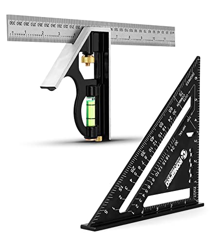 RONGPRO Rafter Square and Combination Square Tool Set, 7 Inch Triangle Carpenter Square Die-cast Aluminum Alloy and 12 Inch Zinc-Alloy Die-Casting Combo Square Ruler - Rafter Square Layout Tool
