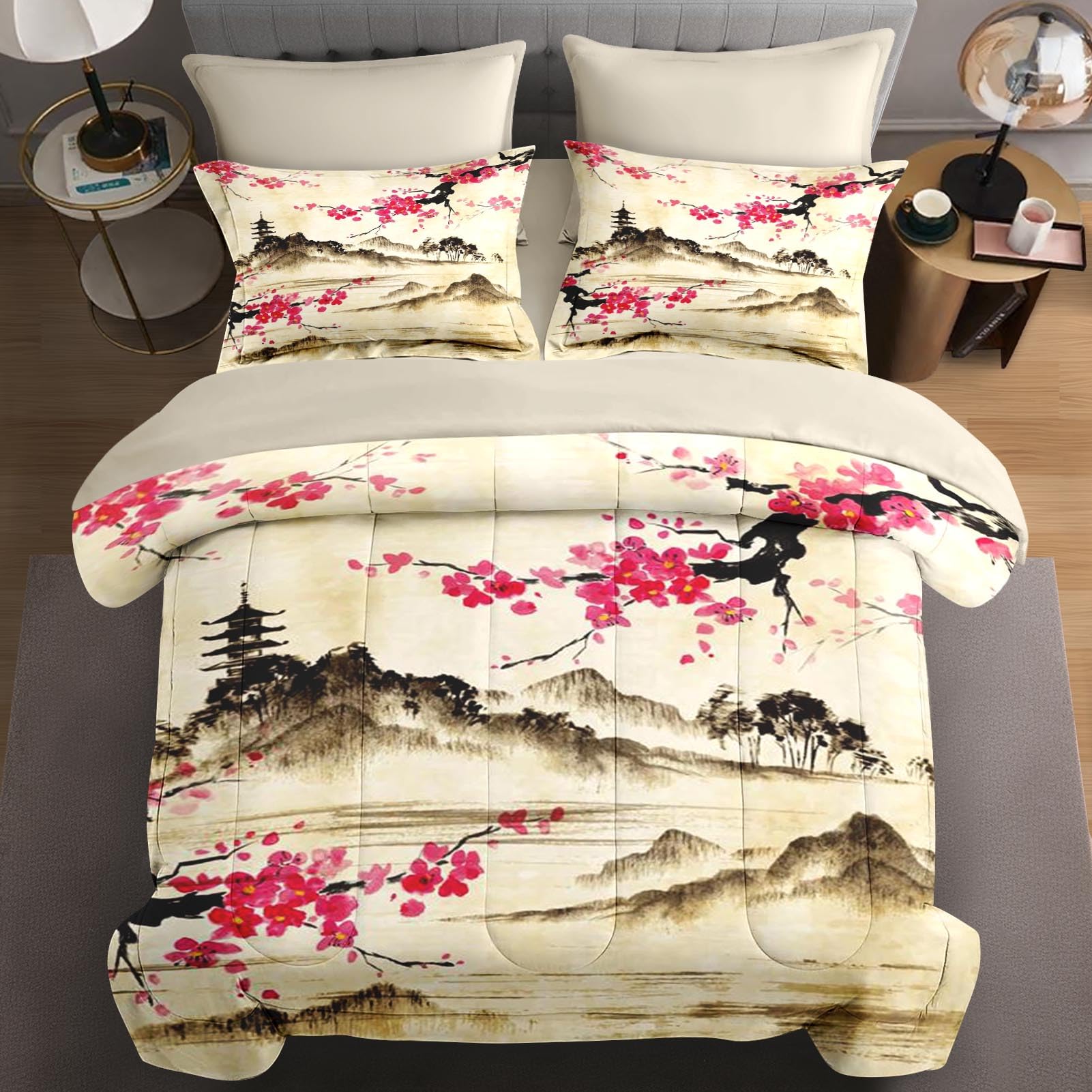 WeCozy 7 Pcs Full Size Comforter Set with 2 Pillowcases & 2 Shams, Japanese Cherry Bedding Set for Kids and Adults, Vintage Chinese Landscape Bed in a Bag with Flat Sheet and Fitted Sheet