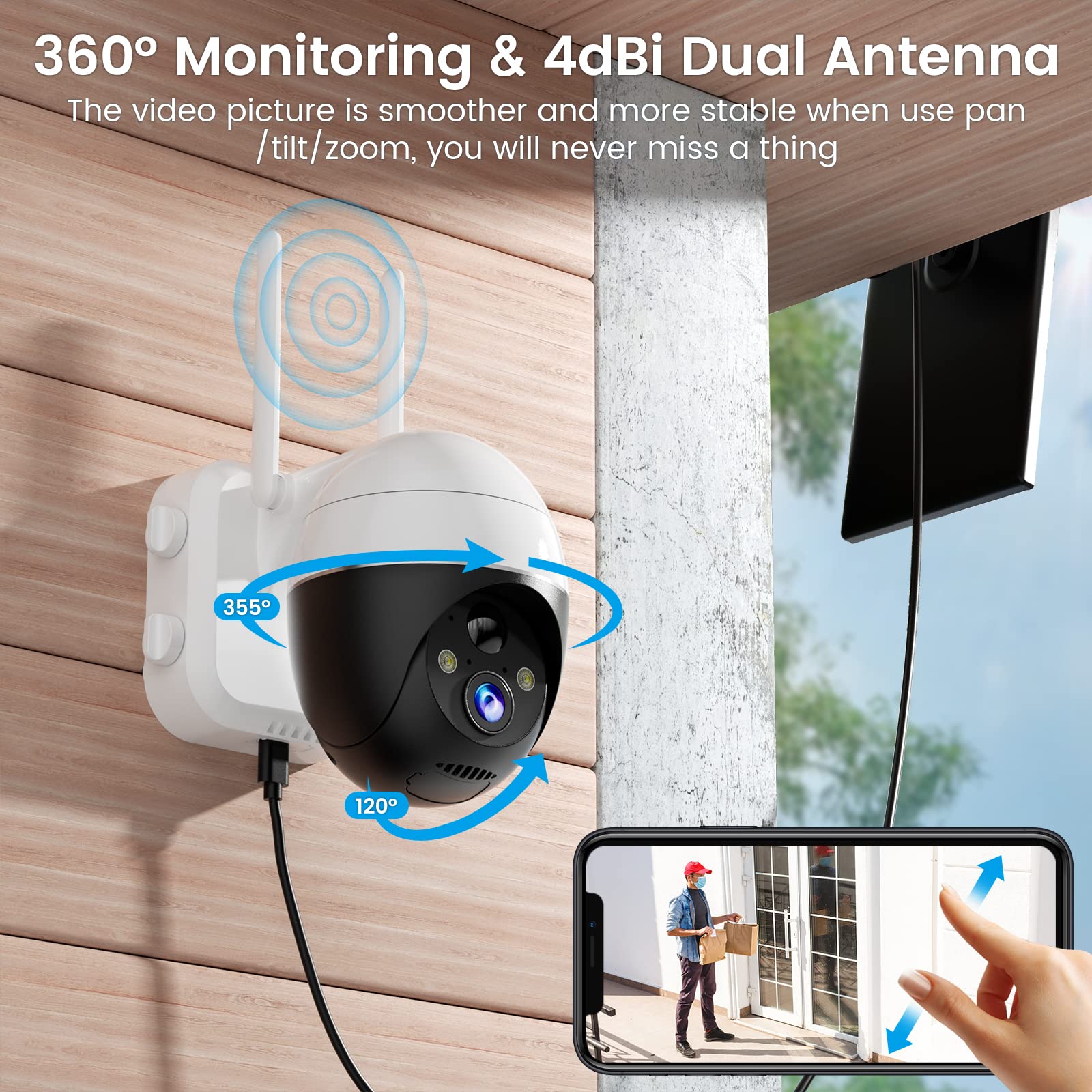 Solar Security Camera Outdoor, 2K Color Night Vision, 2.4Ghz WiFi 360° PTZ Camera, Battery Powered Camera for Home Security, PIR Human Detect with Spotlight, 2-Way Talk, IP66, SD/Cloud