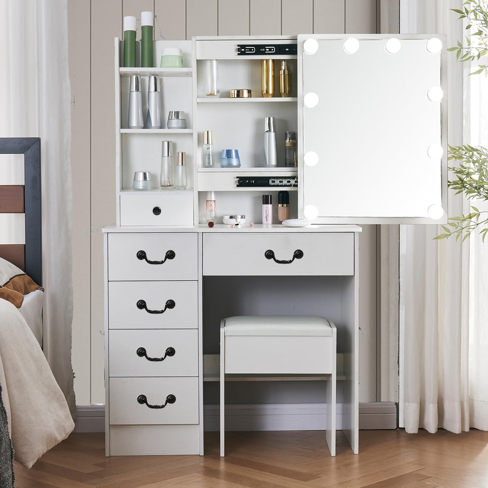 JBLCC Vanity Desk with Mirror & Light, Makeup Vanity with Sliding Mirror, Drawers, 3 Lighting Colors, Bedroom Dressing Table Vanity Set for Girl, White (OW05)
