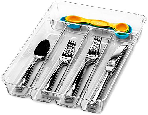 madesmart Clear Mini Silverware Tray - Light Grey | CLEAR CLASSIC COLLECTION | 5-Compartments | 12.88" x 9.13" | Kitchen Drawer Organizer | Soft-Grip Lining and Non-Slip Rubber Feet | BPA-Free