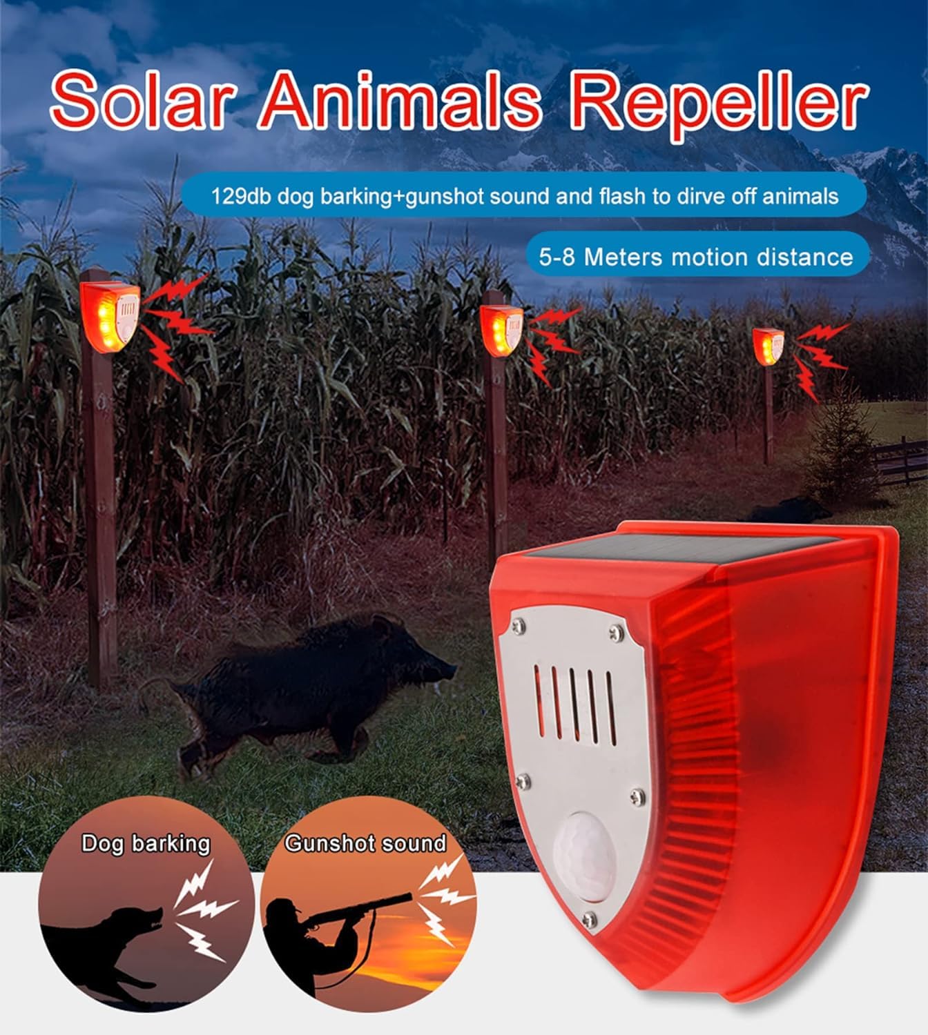 Solar Security Alarm Lights, 129dB Gunshot Sounds & Dog Barking Sound & Light Strobe Light Warning Lamp for Outdoor Farm Barn