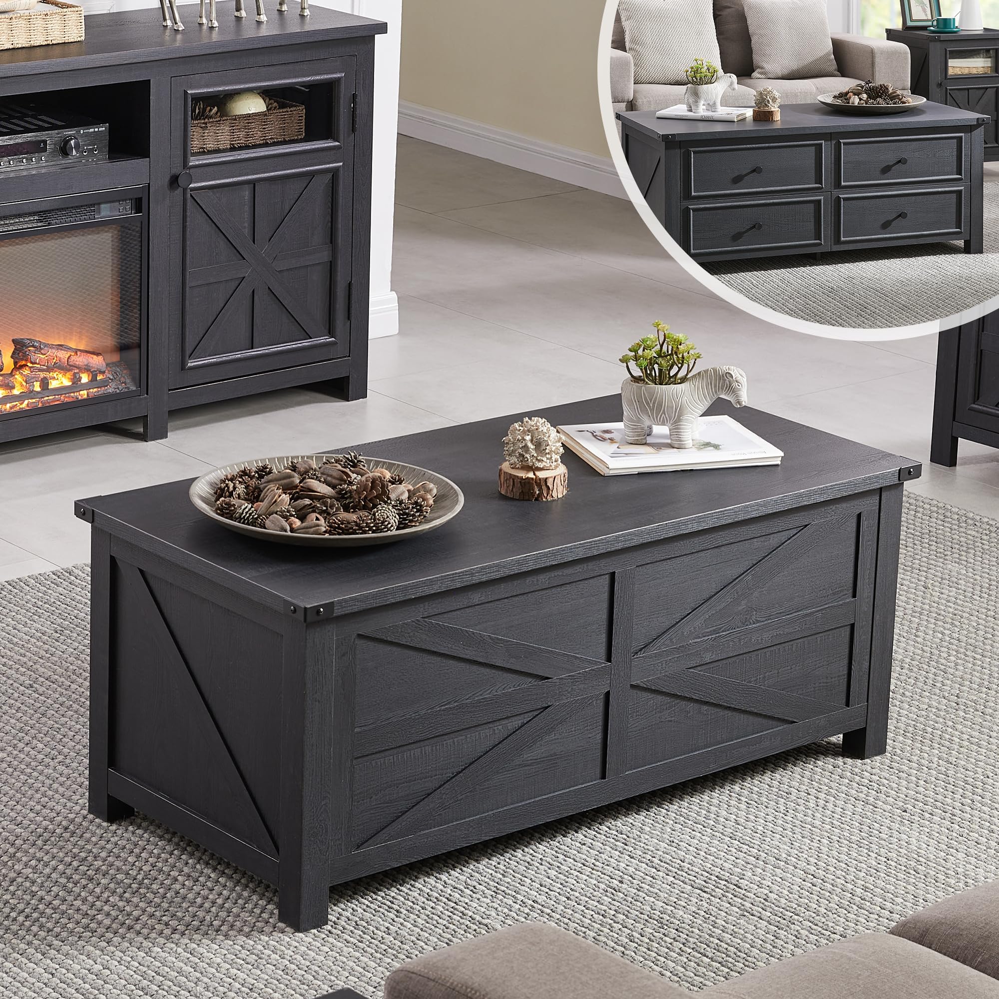JXQTLINGMU 48” Farmhouse Coffee Table with 4 Large Storage Drawers, Modern Center Table with Barn Door for Living Room, Office, Rustic Rectangle Cocktail Table(Black)