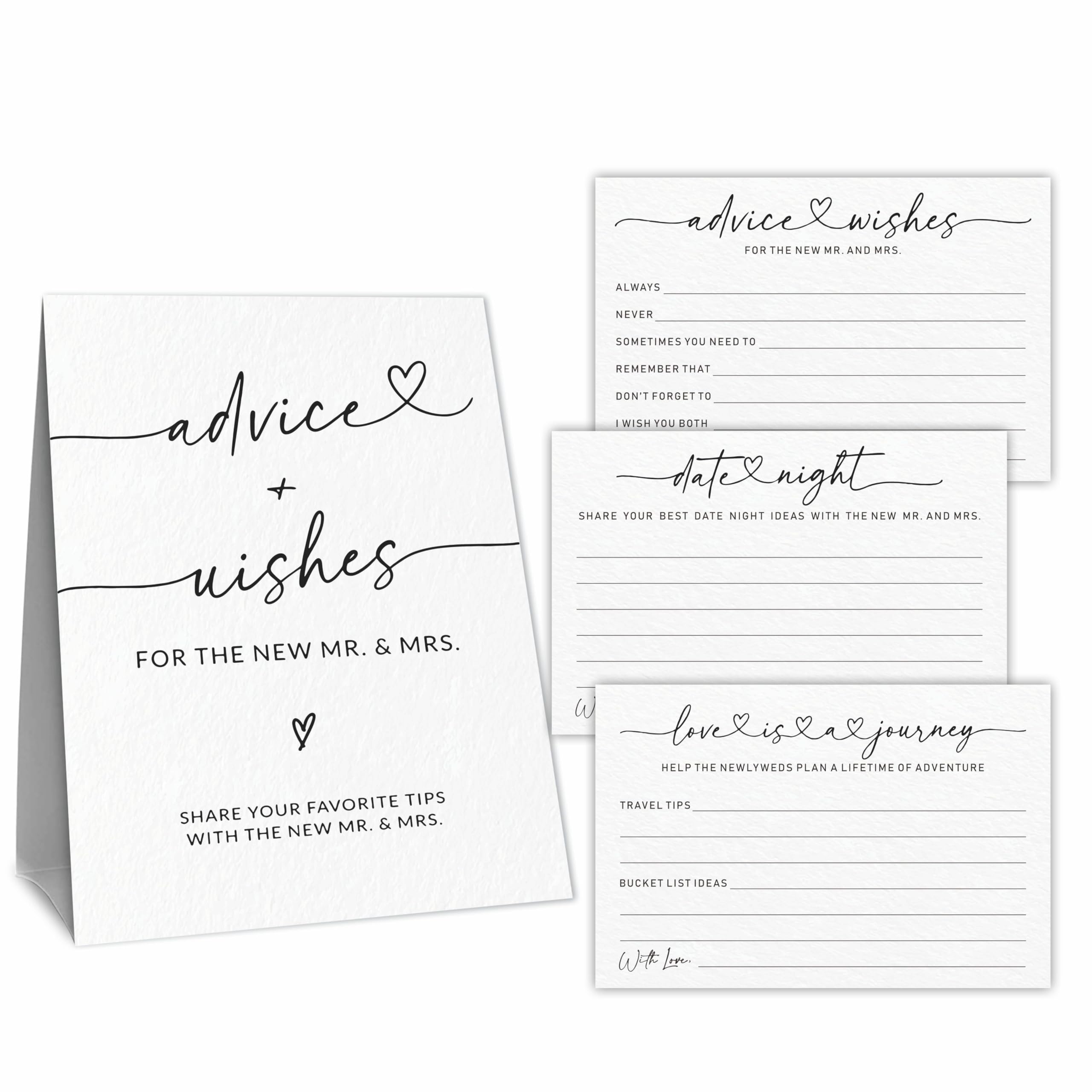 Wedding Advice Cards - Wishes For The New Mr & Mrs Wedding Advice Sign -A Standing Sign With 3 Types Of 4 x 6 Advice Cards -Bride and Groom Newlyweds Bridal Shower Decoration,Games(White) - C01