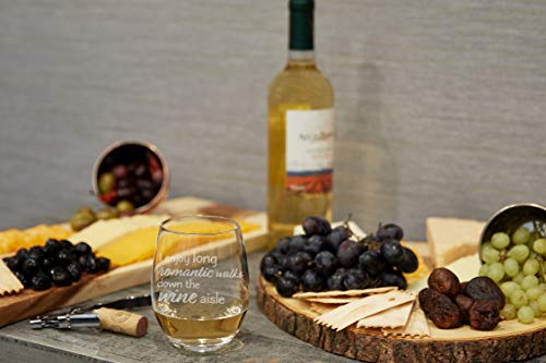 Lushy Wino – I Enjoy Long Romantic Walks Down The Wine Aisle – Cute, Novelty, Etched Stemless 18-Ounce Wine Glass with Funny Sayings in Gift Box