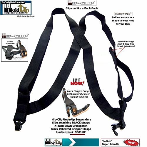 Holdup Black 1 1/2" Hip-Clip Style Under-Ups Suspenders for Men with the Patented Composite plastic Gripper Clasps