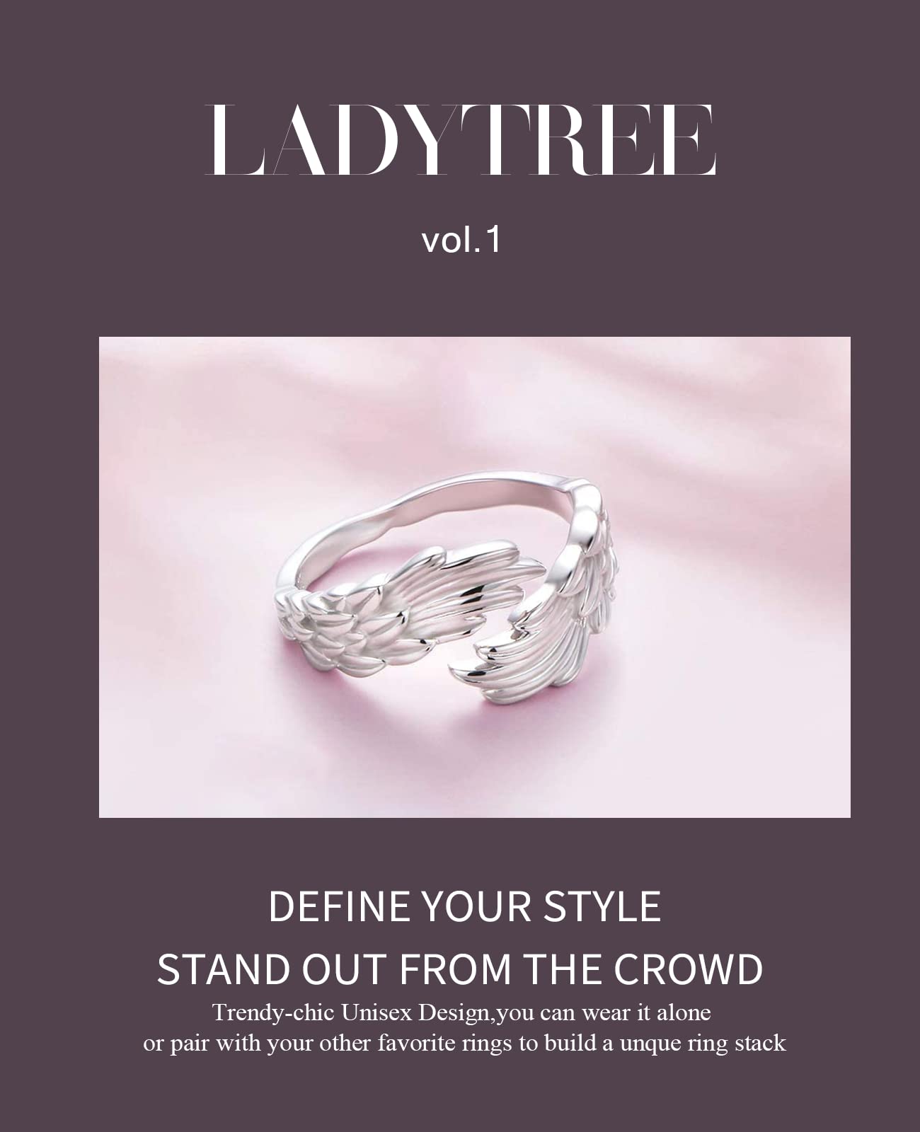 Ladytree Feather Angel Wings Adjustable Sterling Silver Open Thumb Ring for Women Loss of Mom Daughter Loved Ones Mother’s Day Rememberance Sympathy Memory Miscarriage Purity Jewelry Size 7