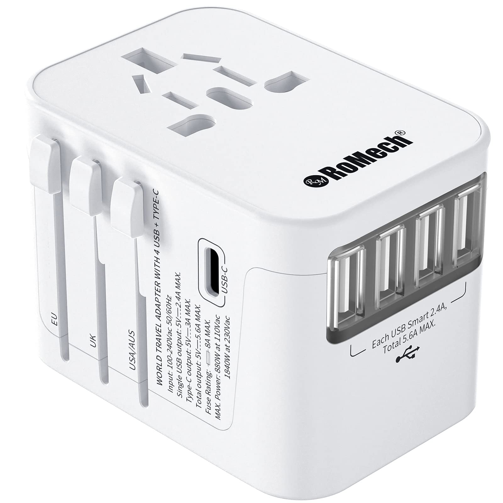 ROMECH Universal Travel Adapter, 5.6A Smart Power International Plug Adaptor AC Wall Charger for Global Travelling USA Europe EU UK AUS (Type C + Four Type A, Black)