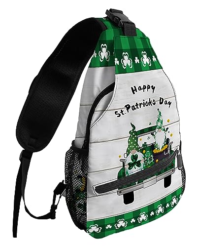 Sling Backpack, St. Patrick's Day Truck Pull Gnomes on Rustic Wood Grain Waterproof Lightweight Small Sling Bag, Travel Chest Bag Crossbody Shoulder Bag Hiking Daypack for Women Men