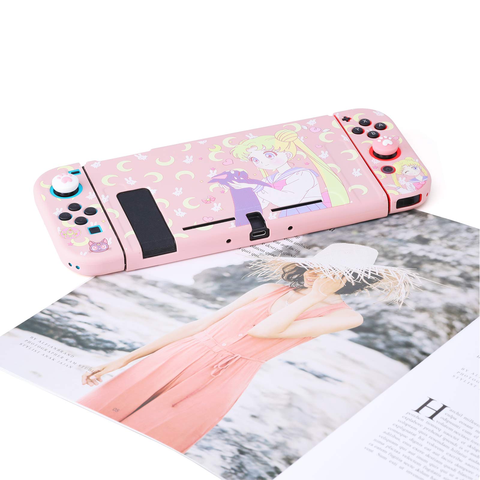LightPro Cute Protective Case for Nintendo Switch - Soft Slim Grip Cover Shell for Console and Joy-Con with Screen Protector, Thumb Grips, Anti-Scratch (Sailor Moon)