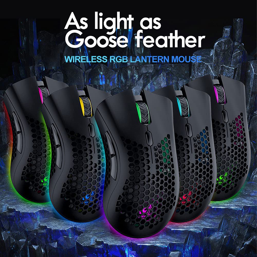 Lightweight Gaming Mouse,Wireless Rechargeable Ultralight Honeycomb Mice with RGB Chroma Backlit, Adjustable DPI,2.4G Wireless Ergonomic Optical Sensor Mouse Compatible for PC Mac Gamer (Black)