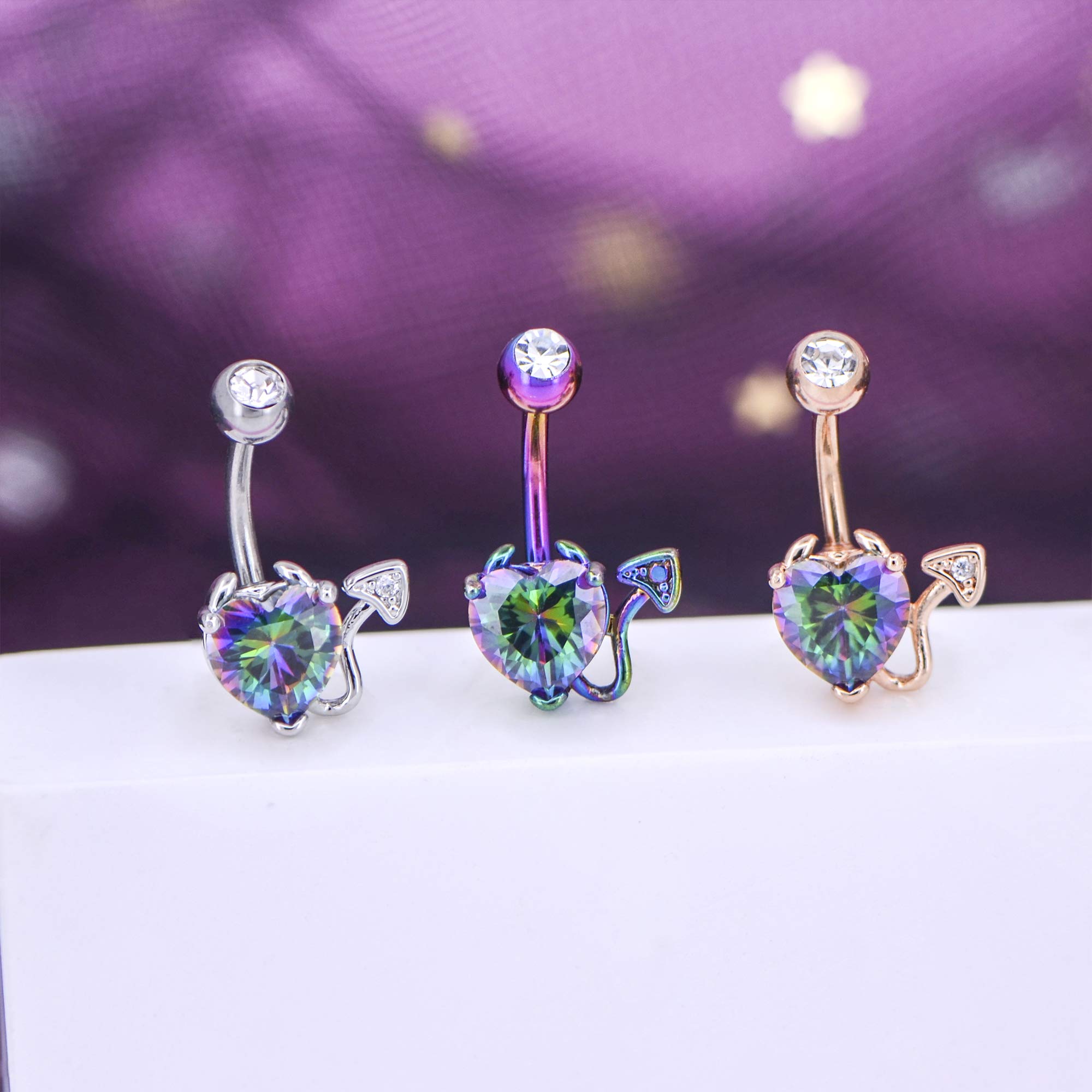 Jewseen Devil Heart Belly Button Rings 14G Surgical Steel Navel Barbells Iridescent CZ Body Piercing