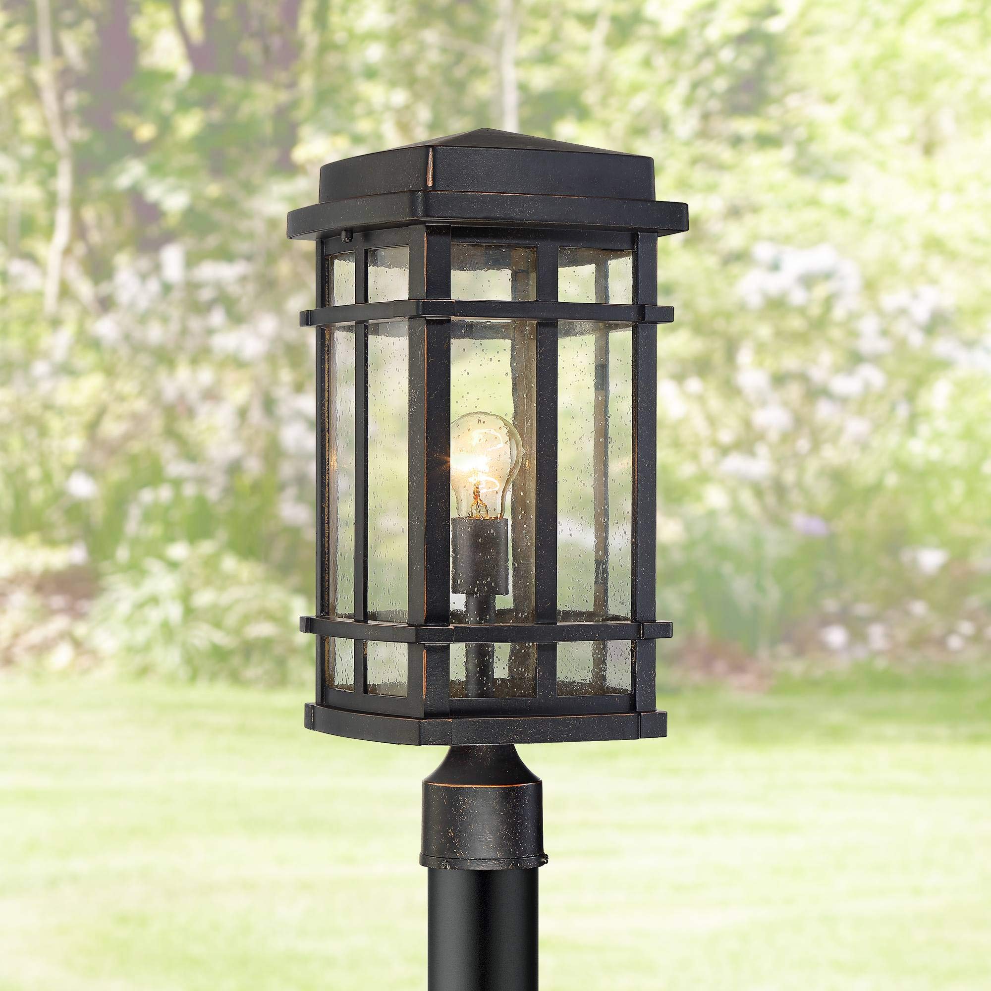 John Timberland Neri Mission Farmhouse Outdoor Post Light Fixture Oil Rubbed Bronze 19 1/4" Clear Seedy Glass for Exterior House Porch Patio Outside Deck Garage Yard Garden Driveway Home Lawn