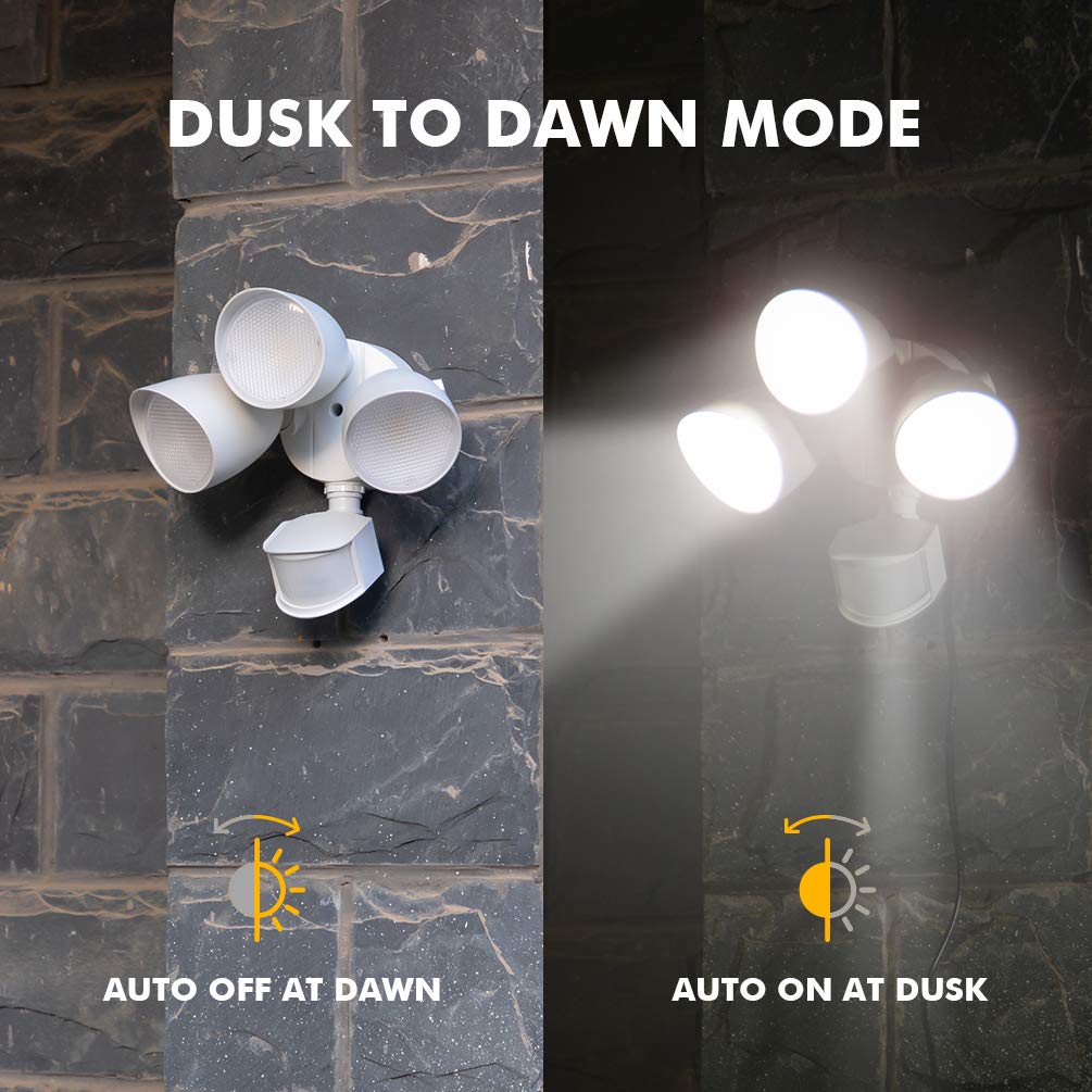 LUTEC 3500 Lumen 45 Watt 45 LED Motion Activated Integrated Triple-Head Floodlight Outdoor, Waterproof Exterior Security Wall Light for Patio, Garden, Yard-White
