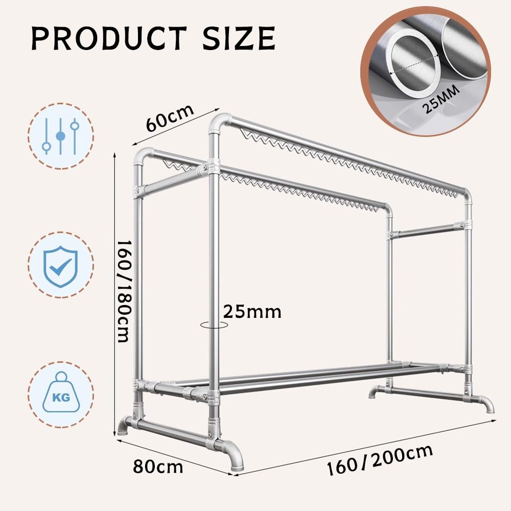 WPPTNSFY Clothing Hanger for Laundry, Clothes Drying Rack 160/200cm Indoor Outdoor, Heavy Duty Adjustable Clothes Airers, Clothes Drying Rack with 2 Rods, Windproof Hooks (1.6m)