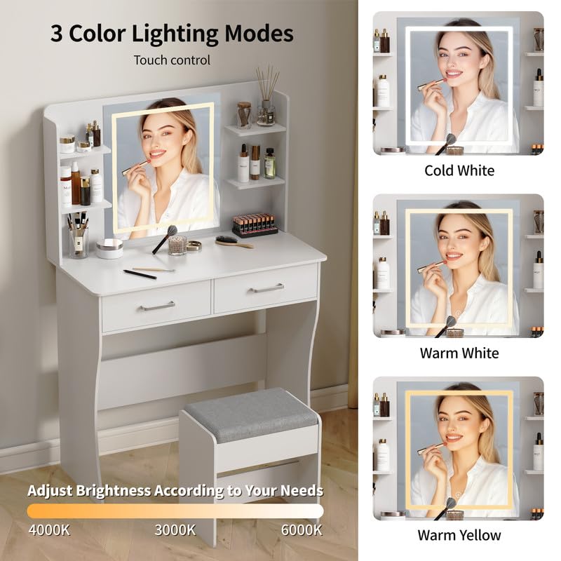 Vanity Desk with Mirror and Lights, White Makeup Vanity Desk with Led Lights Mirror and Chair, Makeup Vanity Dressing Table Set with 2 Drawers and 6 Storage Shelves for Bedroom Dressing Room