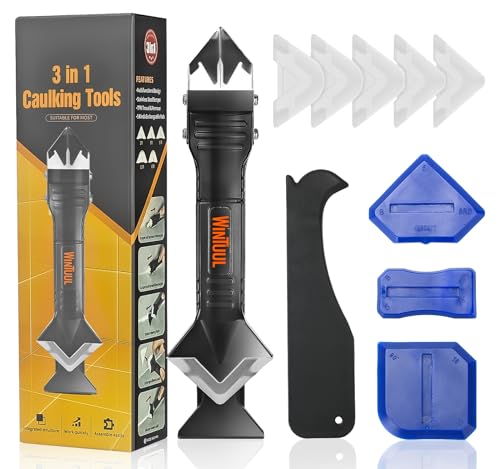 WINTUUL Silicone Caulking Tool, 3 in 1 Sealant Finishing Tool(Stainless Steelhead), Caulking Finishing Tool Kit, Caulk Remover Tool, Grout Removal Tool for Bathroom,Kitchen,Floor,Window, Sink Joint