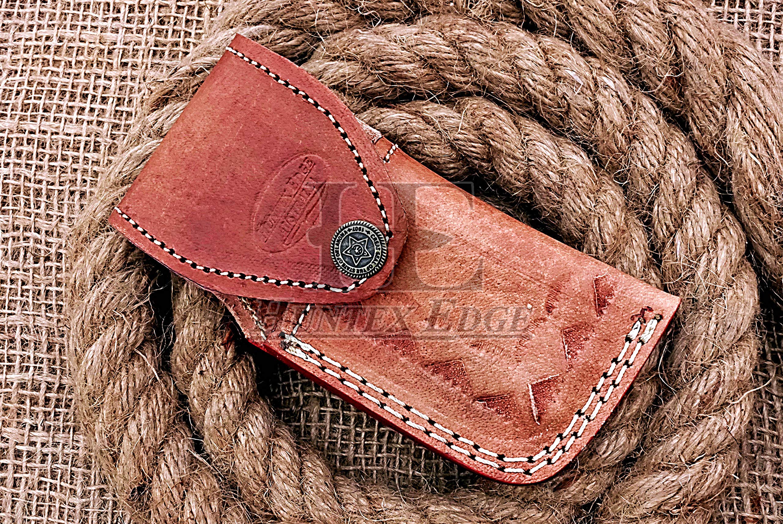 HUNTEX Custom Handmade Hand-Forged Twist Pattern Damascus Steel 3.7 Inch Long Natural Deer Antler Horn Handle Razor Sharp Hunting Camping Folding Pocket Knife with Genuine Leather Pouch