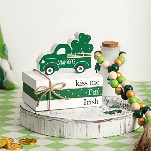 St. Patrick's Day Tiered Tray Decor, 1 St. Patrick's Wood Book Stack, 1 Bead Garland, I’m Irish Shamrock Mini Faux Decorative Books Bundle, Farmhouse St. Patrick's Party Table Mantle Decor