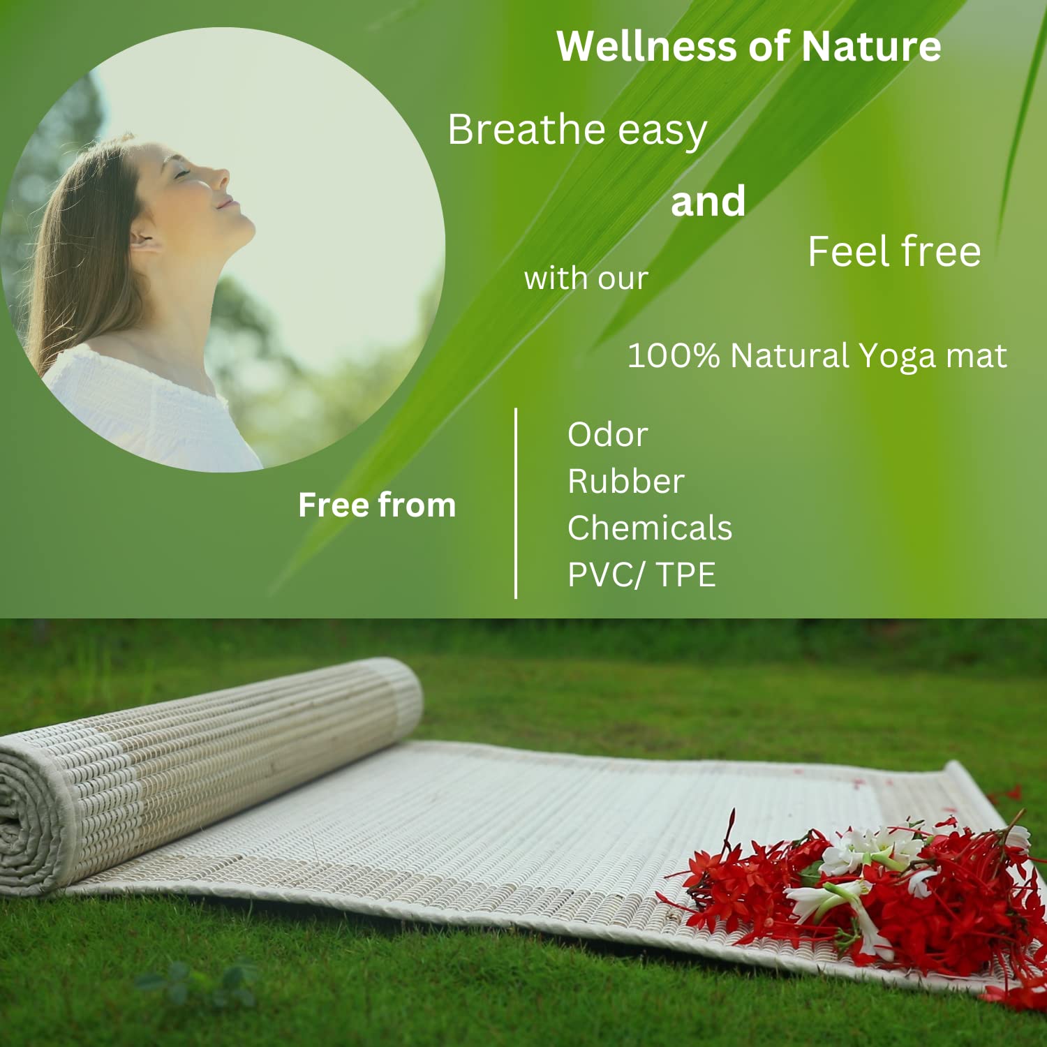 JD NATURAL - "Tranquil" Yoga Mat - Handwoven from Sambu Grass and Cotton. Extra Soft Better Grip Mat. Makes your Yoga session Pleasant and Blissful Length 72 inches x Width 27 inches Thickness 4 mm