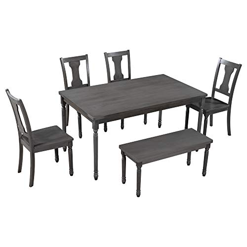 Woanke 6-Piece Set, Wooden Rectangular Table with 4 Chairs and 1 Bench, Rustic Style for Kitchen, Dining Room, Breakfast Nook, 2-Gray