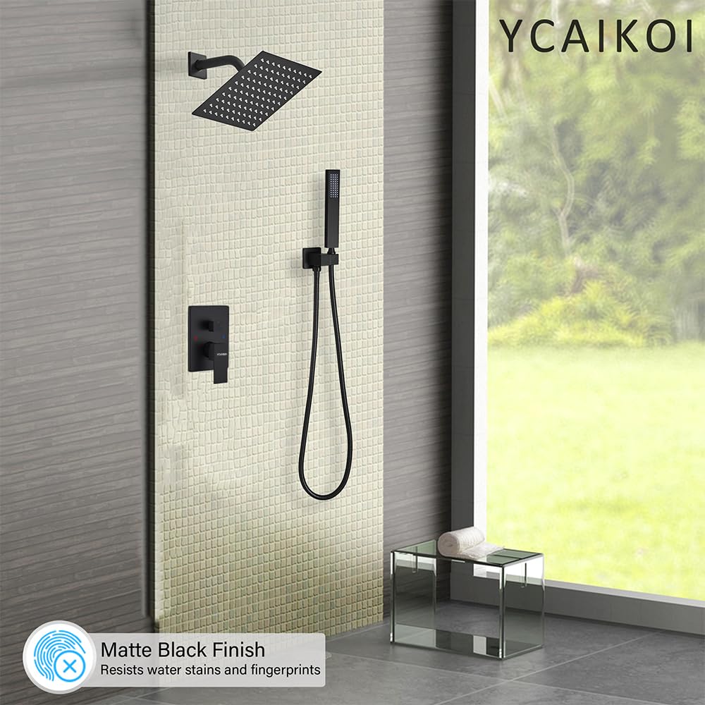YCAIKOI Matte Black Shower System, 8 Inch High Pressure Rain Shower with Handheld, Wall Mount Shower Faucet Set for Bathroom, Rough-in Valve Body and Trim Included