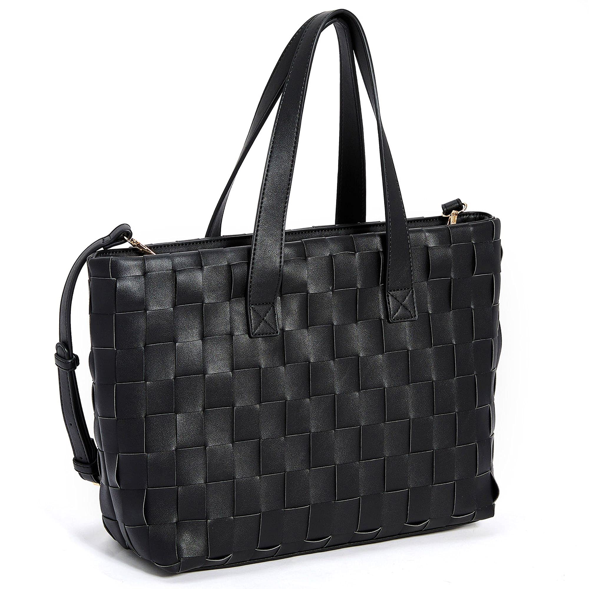 Like Dreams Women's Large Vegan Leather Woven Quilted Top Handle Missy Fashion Tote Bag (Black)