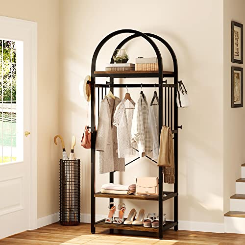 YITAHOME Industrial Hall Tree Garments Rack with Storage Shelves and Hanging Rod, Coat Rack Freestanding with 8 Hanging Hooks, Tall Clothes Rack Closet Organizer for Hallway, Bedroom, Rustic Brown