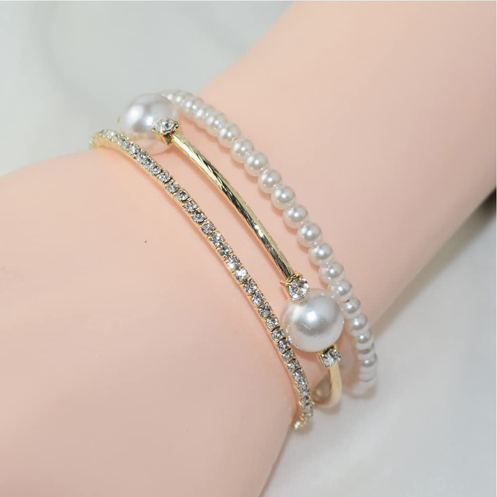 MyBuddy 2PCS Faux Pearl Wrap Bangle Bracelets,Pearl Stretch Beaded Layered Bracelets Blessing Bangle Jewelry for Women Girls Gift(Gold and Silver)