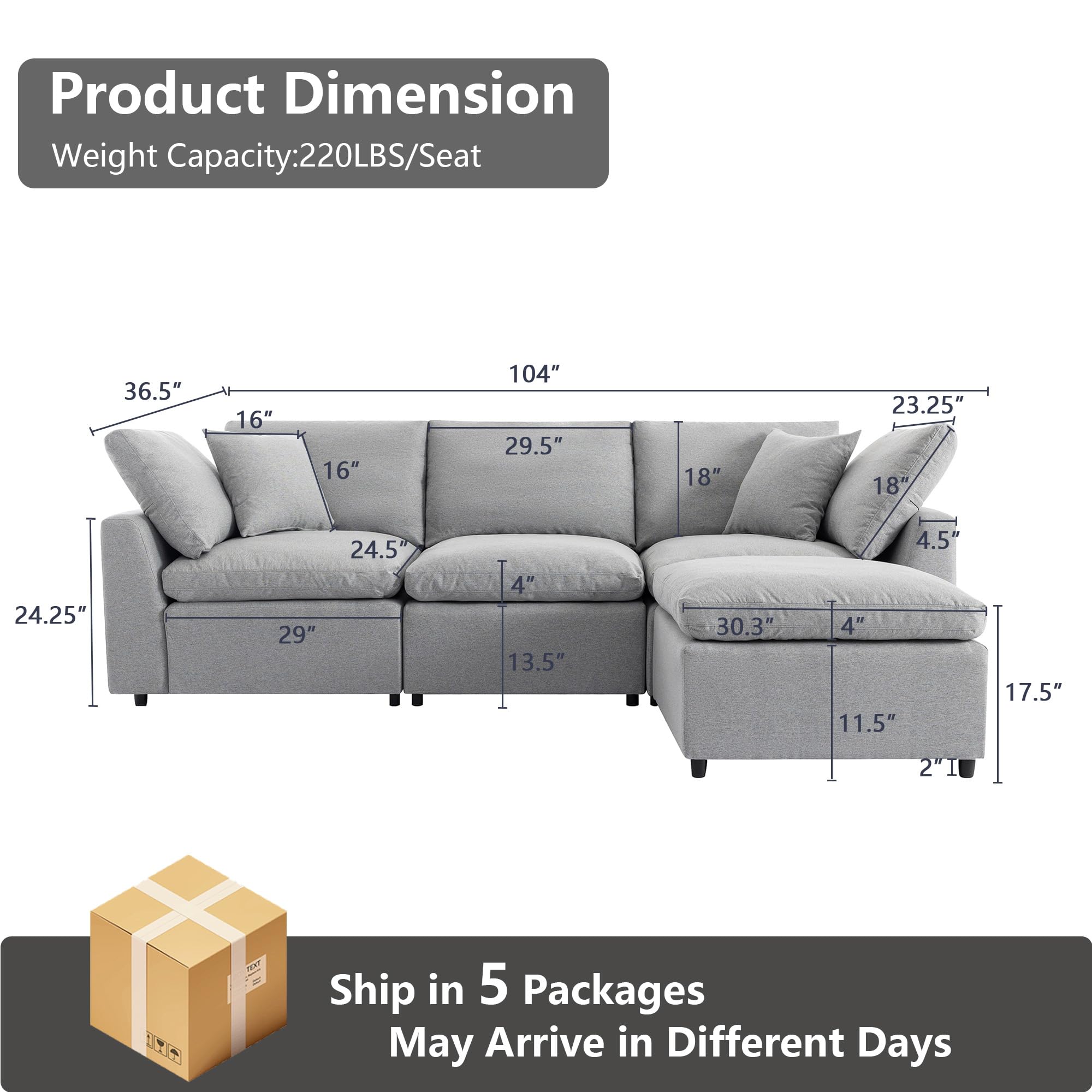 Tmsan 104" Modular Sectional Sofa Cloud Couch for Living Room, Modern Down Filled L Shaped Couch Set with 4 Pillows, Large 4 Seater Sofa with Reversible Ottoman for Apartment Office (Light Grey)