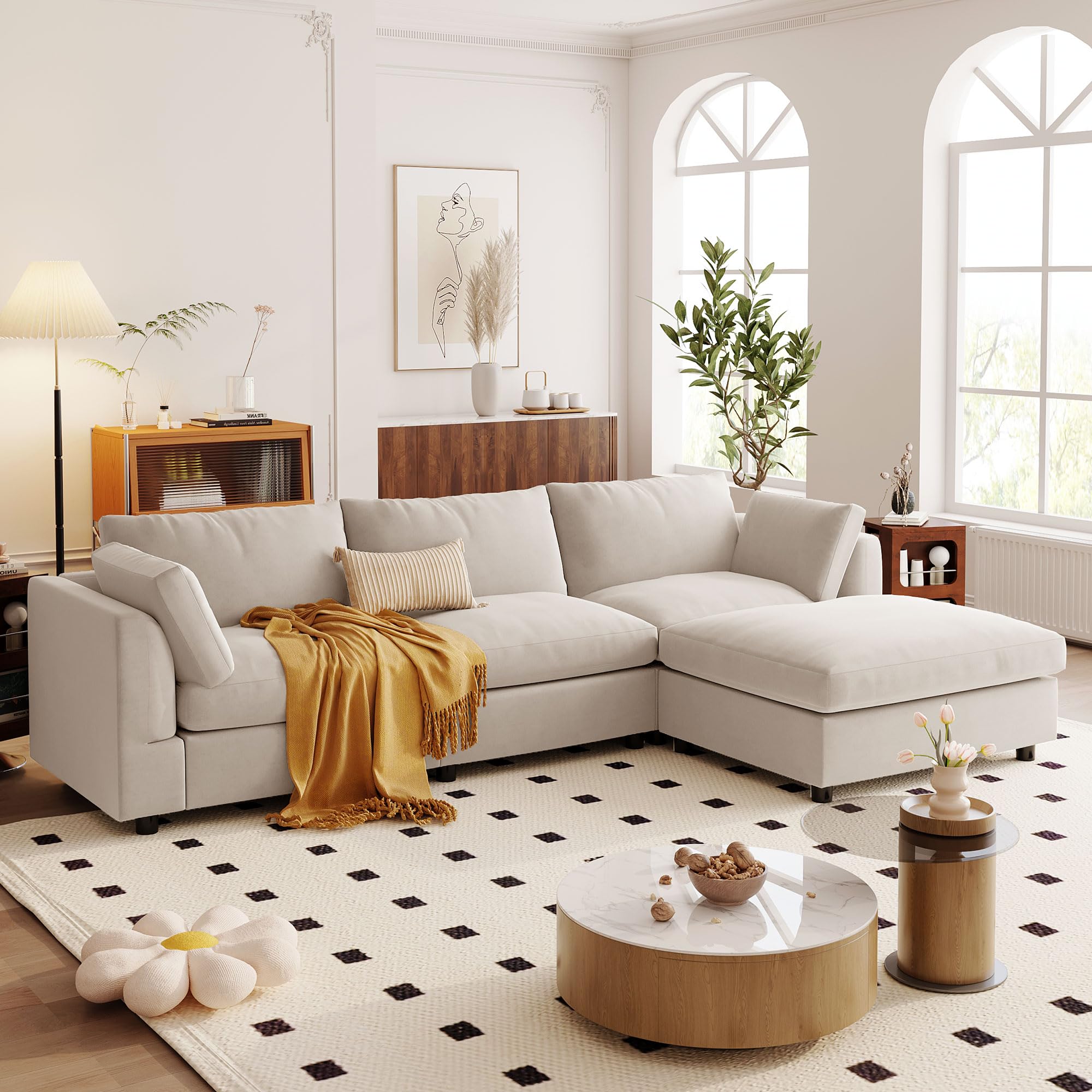 Tmsan 113" Large Sectional Sofa Cloud Couch for Living Room, Modern L Shaped Couch Set with Reversible Chaise, 4 Seater Polyester Fabric Sofa with Convertible Ottoman & 2 Pillows for Apartment Office