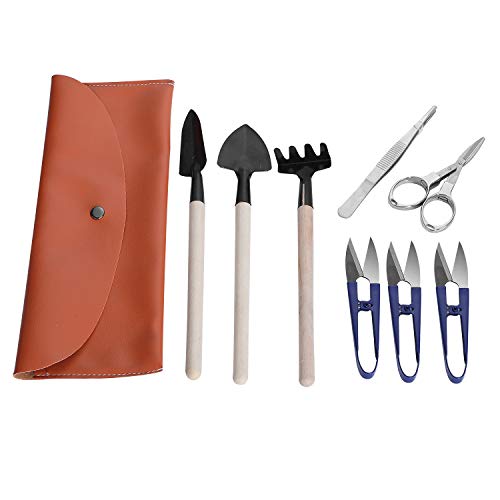 Sanlykate Bonsai Tool Kit 8pc, Basic Trimmer Set Include Pruner, Fold Scissors, Tweezer, Spades, Rake