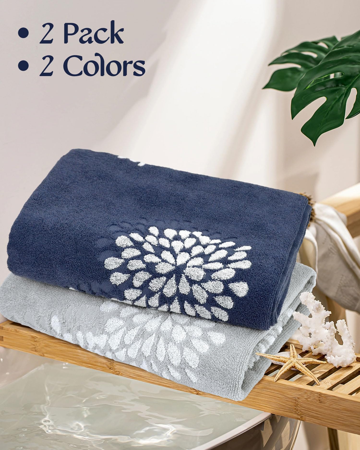 Jacquotha 2 Pack Cute Bath Towels Hydrangea Floral Jacquard - Extra Soft Absorbent Bathroom Towels for Shower Gym Pool, Denim Blue & Light Grey, 55" x 28"
