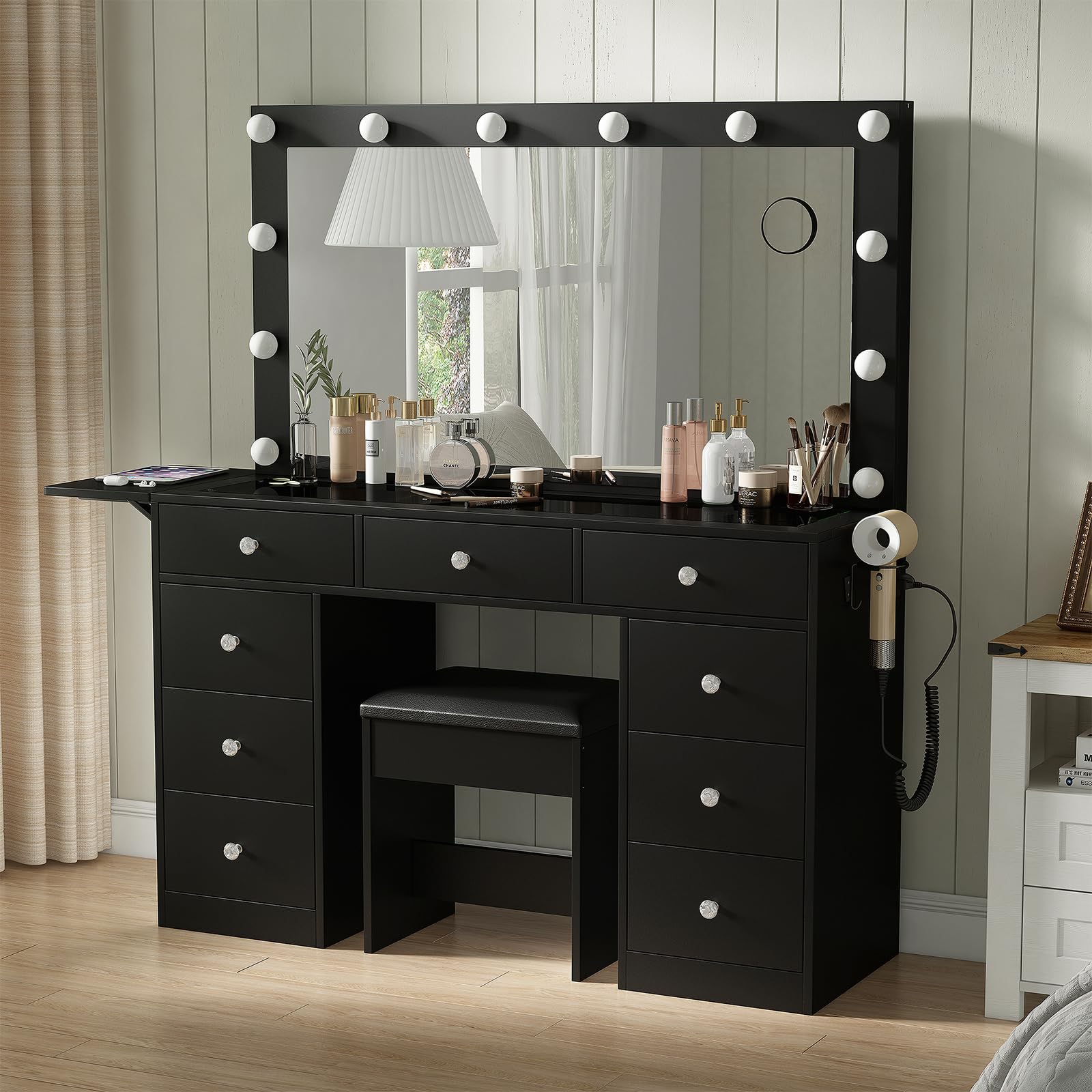 Vanity Desk with Power Outlet, Makeup Vanity with Lighted Mirror, 3 Lighting Modes Adjustable, 9 Drawers Vanity Set with Fold-up Panel, Glass Top, Vanity Table with Chair for Bedroom, White