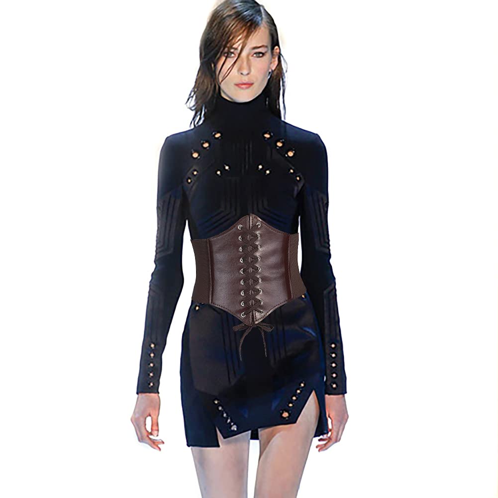 Lamdgbway Lace-up Leather Corset Waist Belt Elastic Retro Waist Belt for Women Grils Coffee 75CM