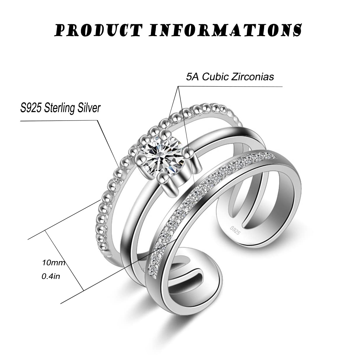 MYLYAHY S925 Sterling Silver 3 Row Lines Wide Bands Ring for Women,Adjustable Forefinger Thumb Finger Midi Knuckle Ring (Ring_B, Adjustable)