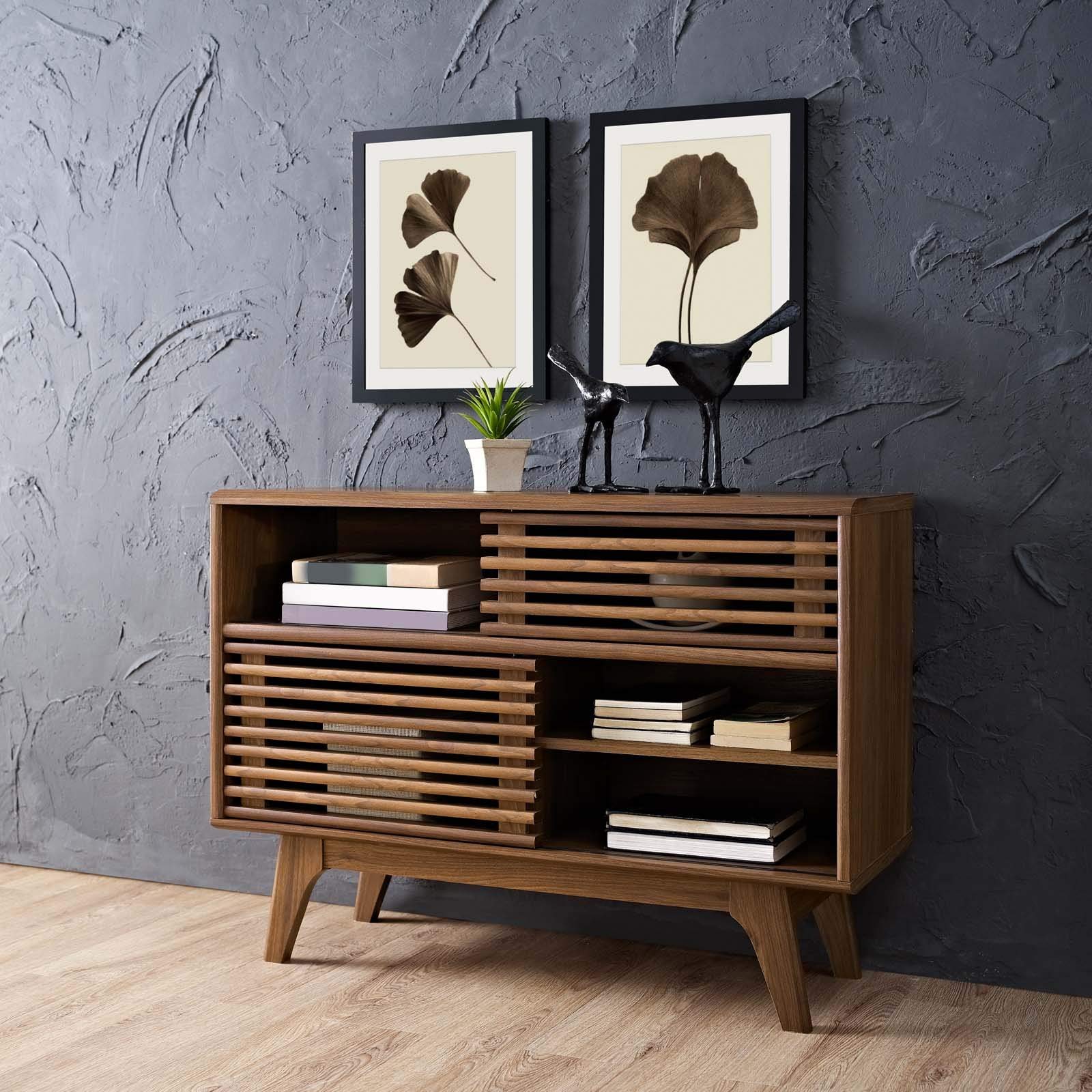 Modway Transmit Mid-Century Offset Cube Wood Bookcase in Walnut & Render Mid-Century Modern Two-Tier Display Stand in Walnut